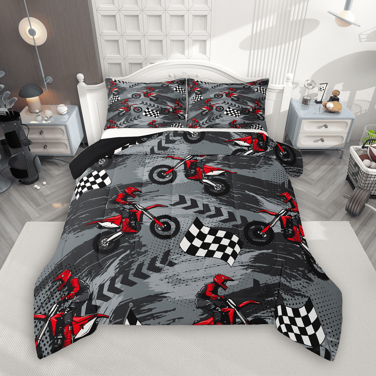 Manfei Red Dirt Bike Bedding Comforter Set 2pcs, Motocross Game Twin ...