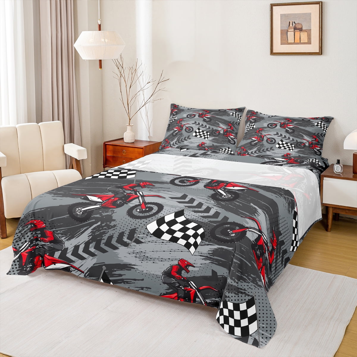 Manfei Red Dirt Bike Full Size Sheets 4-Piece, Motocross Game Bed ...
