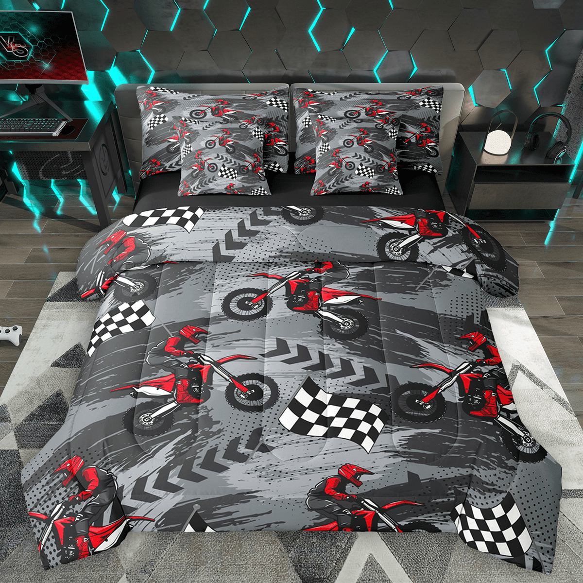 Manfei Red Dirt Bike Twin Bedding Sets 7pcs, Motocross Game Bedding ...