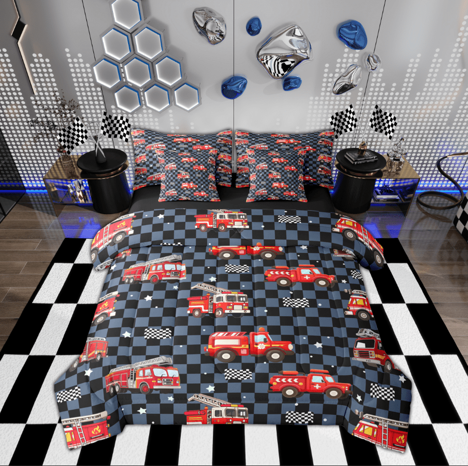 Manfei Red Fire Fighting Truck Bedding Comforter Set 7pcs, Cartoon ...