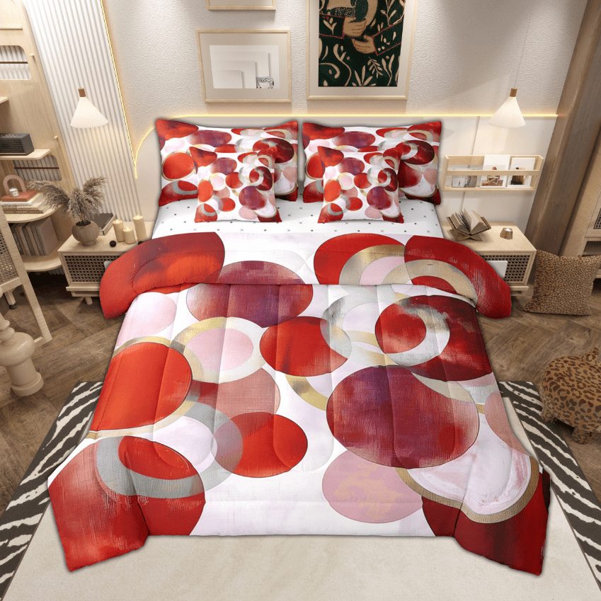 Manfei Red Gold Circle Bedding Comforter Set 7 Pieces, Modern Abstract ...