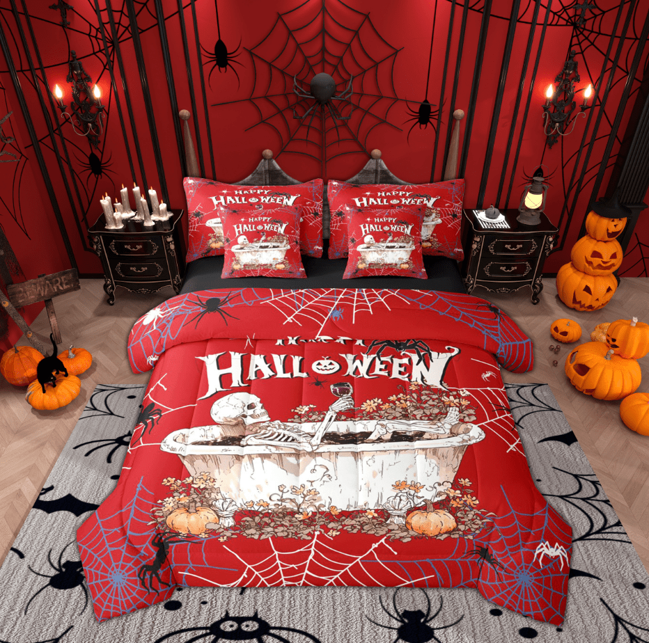 Manfei Red Gothic Halloween Bedding Comforter Set 7pcs, Horror Skeleton ...