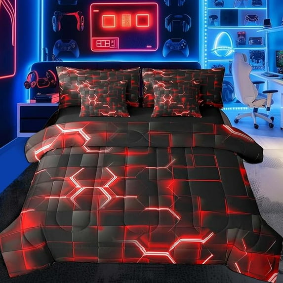 Manfei Red Gradient Sqaure Bedding Comforter Set 7pcs, Honeycomb Queen ...