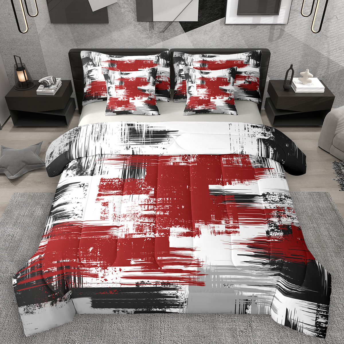 Manfei Red Gray Black Ombre Bedding Comforter Set 7-Piece, Abstract Oil ...