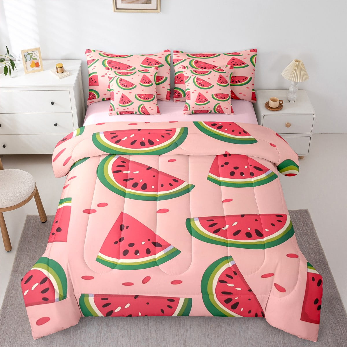 Manfei Red Kawaii Watermelon Twin Bedding Sets 7-Piece, Cartoon Fruit ...
