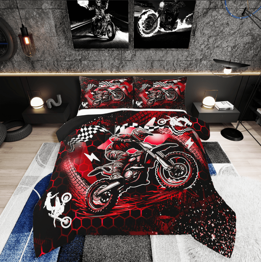 Manfei Red Motorbike 2pcs Bedding Comforter Set,Dirt Bike Twin Comforter Sets,Geometric ...