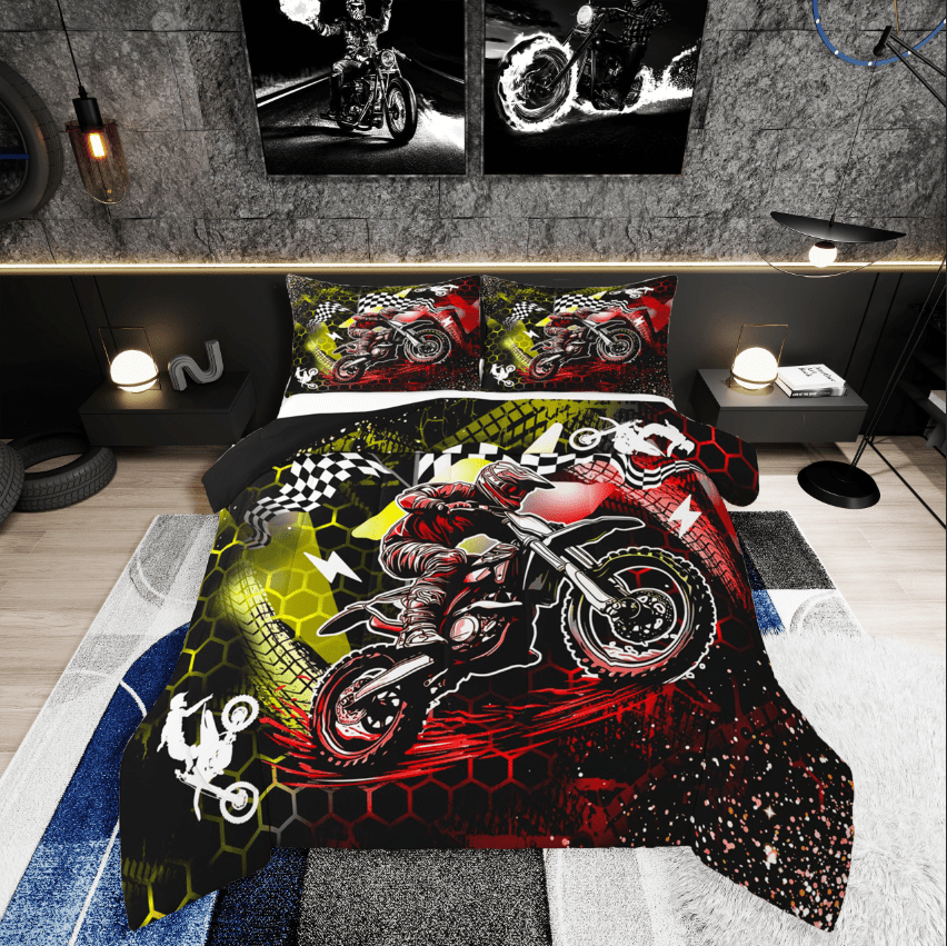 Manfei Red Motorbike 3-Piece Full Size Comforter Sets,Dirt Bike Bedding ...