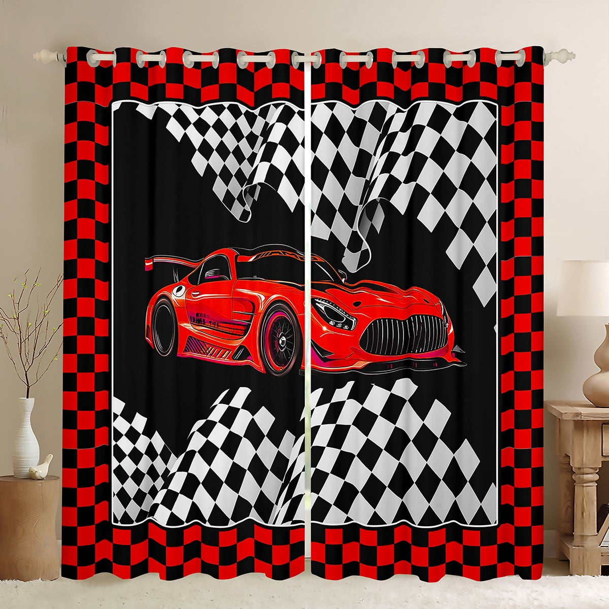Manfei Red Race Car Curtains and Drapes (42x63), Checkered Flag ...
