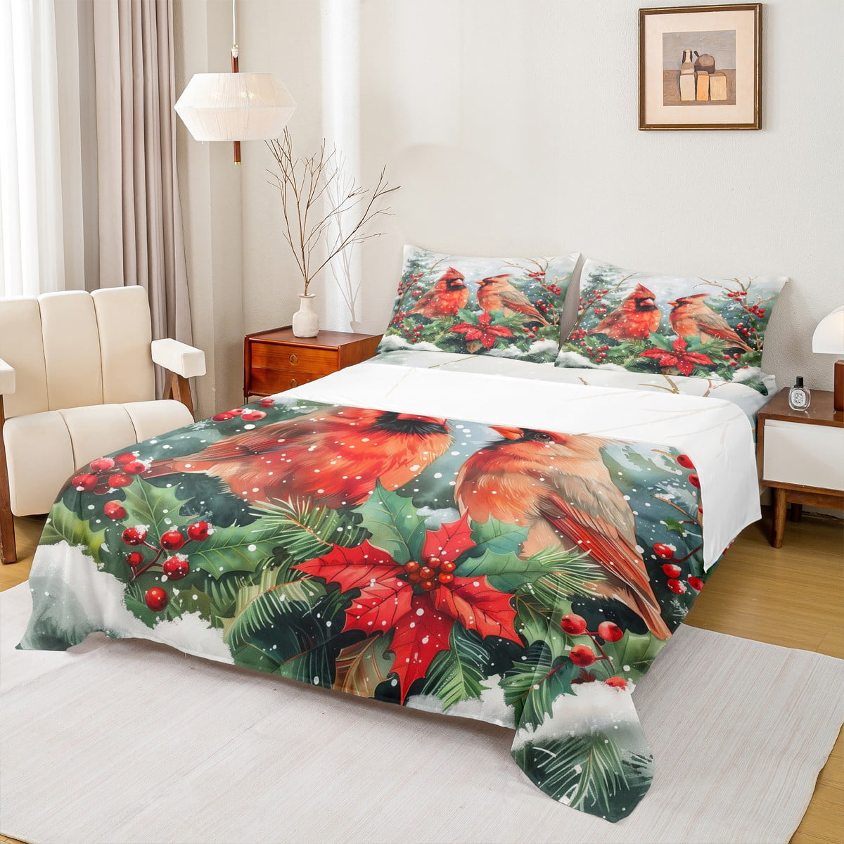 Manfei Red Robin Bird Full Size Sheets, Winter Snowflake Bed Sheets, Merry Christmas Sheet Sets ...