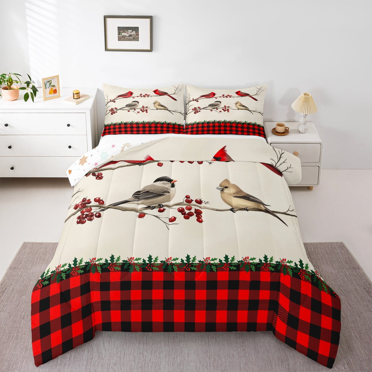 Manfei Red Robin Bird Queen Comforter Set, Black Red Plaid Bedding Sets ...