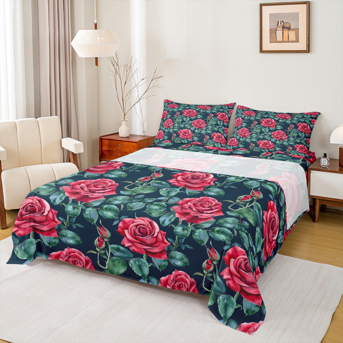 Manfei Red Rose 4pcs Bed Sheets,Chic Flower King Sheets,Botanical ...