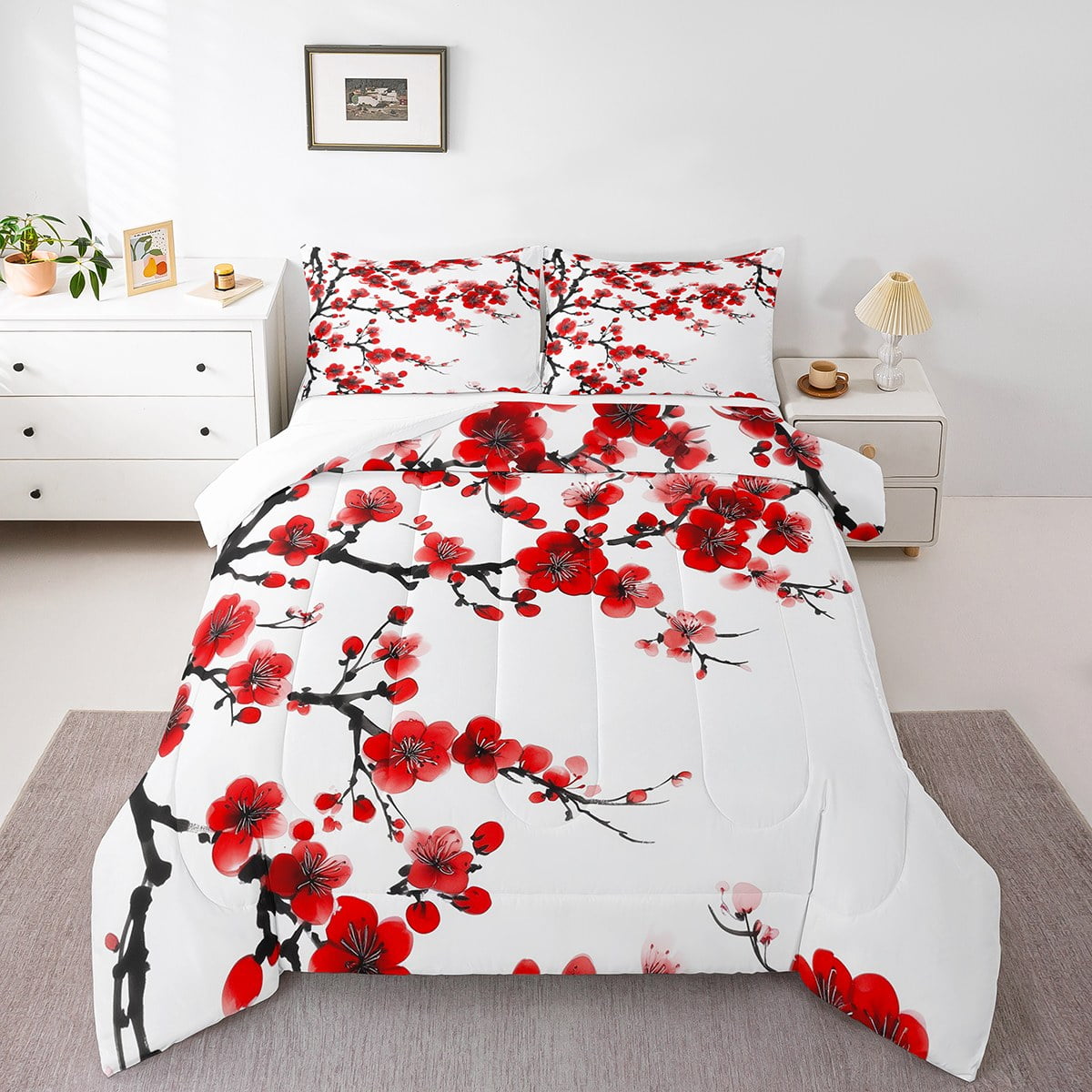 Manfei Red Sakura 3 Pieces Queen Comforter Set,Cherry Blossom Ultra ...