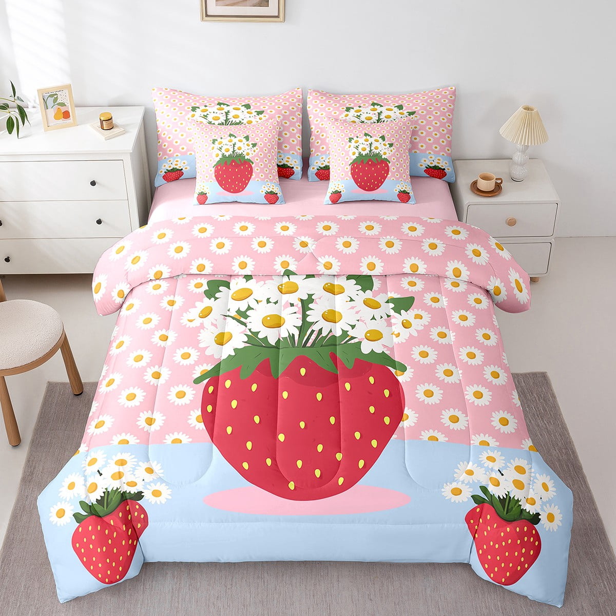 Manfei Red Strawberry 7-Piece Bedding Comforter Set,Floral Daisy King ...