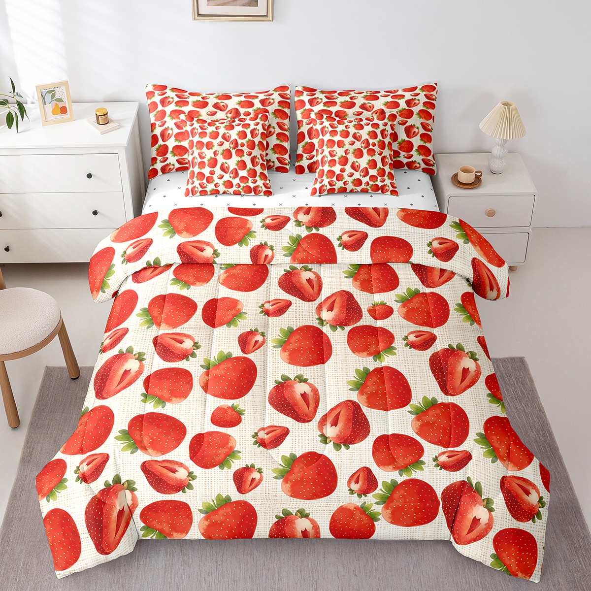 Manfei Red Strawberry Bed in a Bag Twin size, Fresh Fruit Bed Set, Cute ...