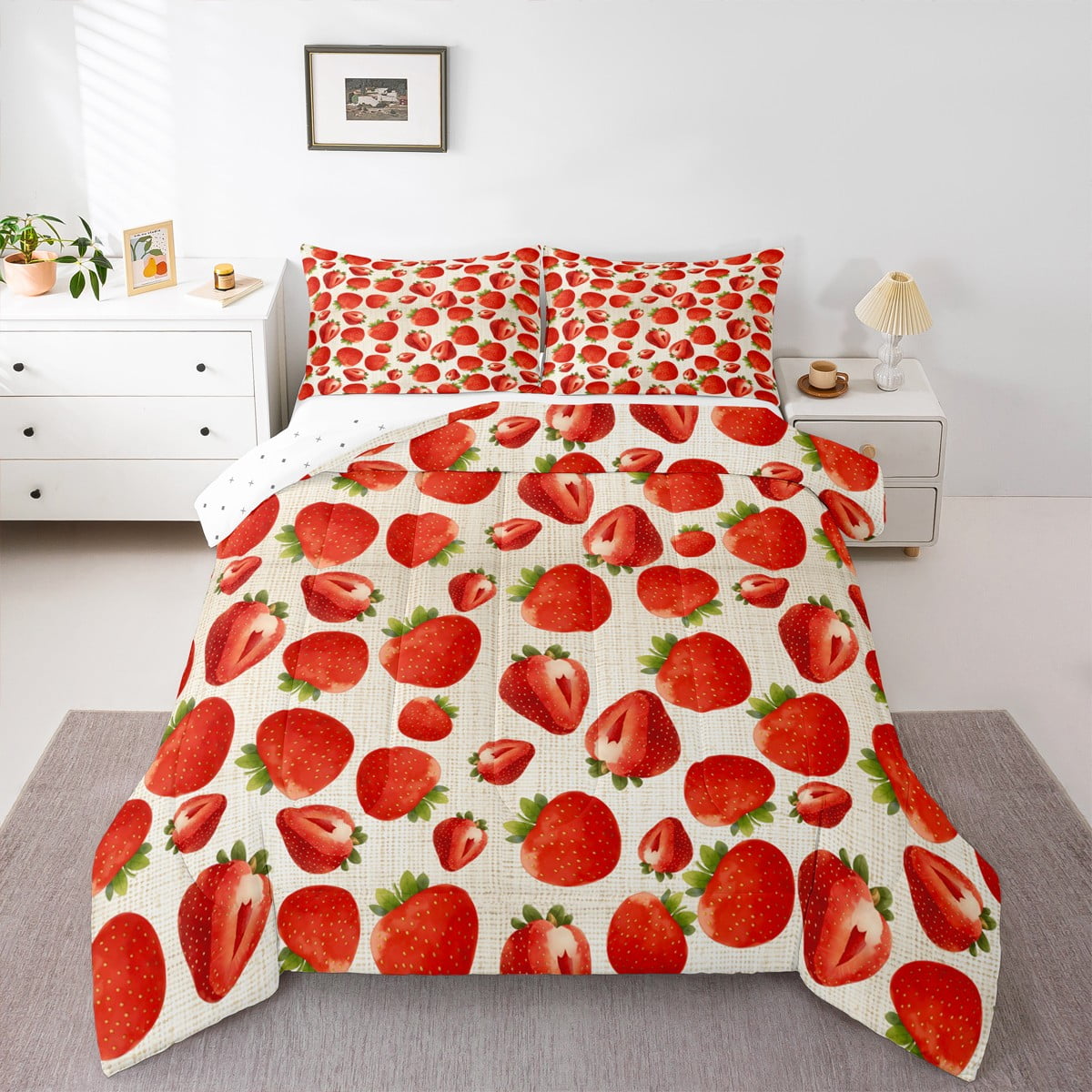 Manfei Red Strawberry Bedding Comforter Set, Fresh Fruit Down Comforter ...