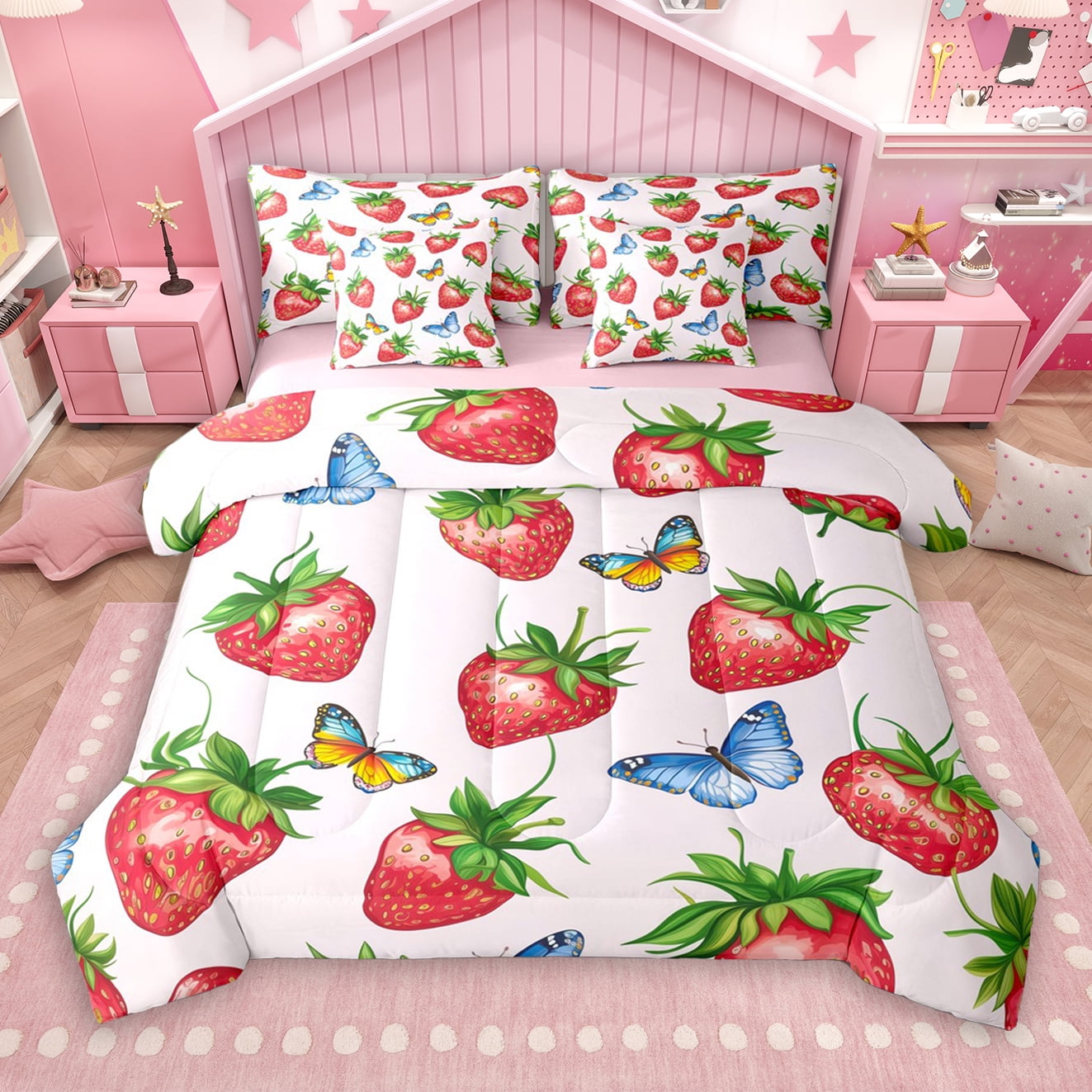 Manfei Red Strawberry Fruit 7pcs Bedding Comforter Set for Kids, Kawaii ...