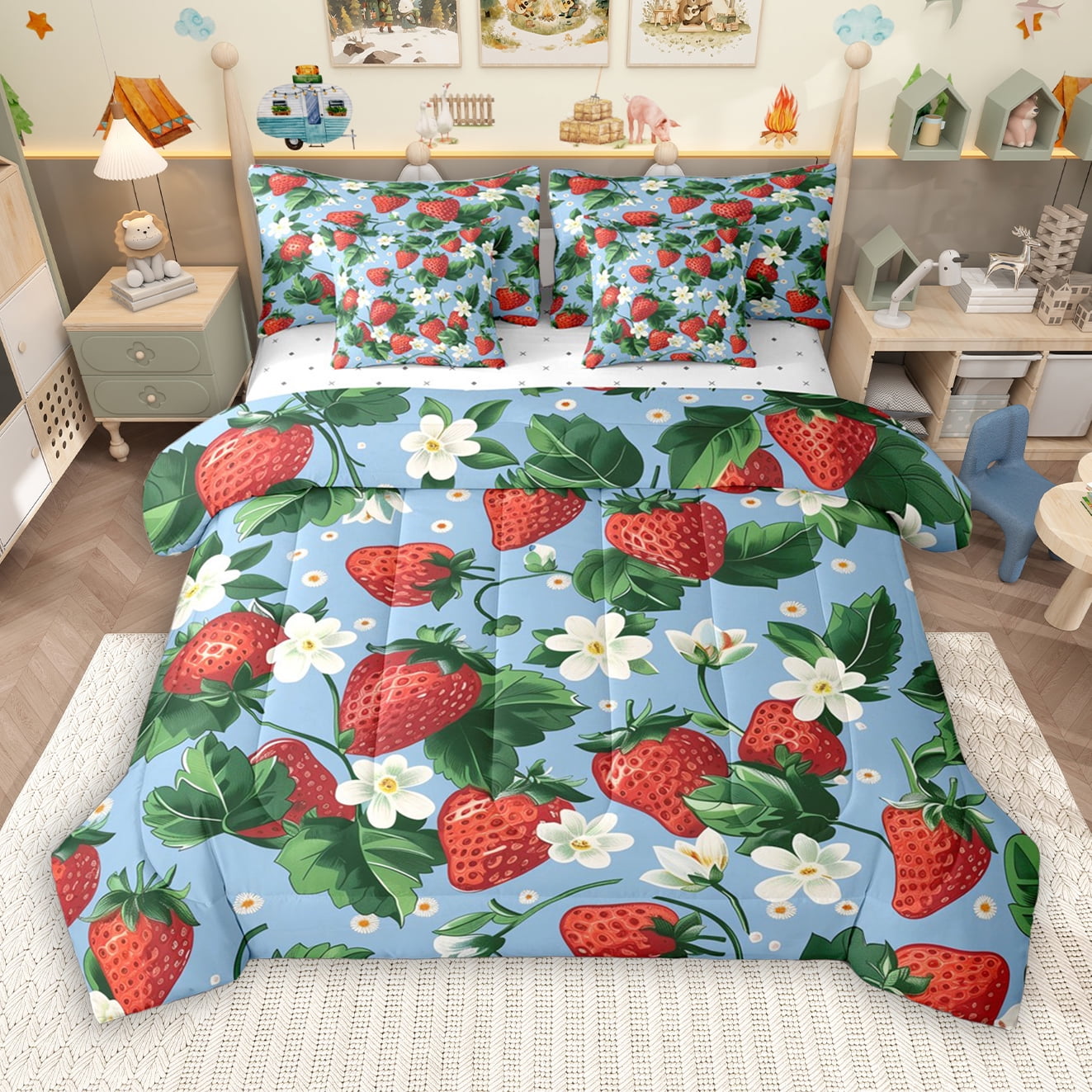 Manfei Red Strawberry Fruit 7pcs Bedding Comforter Set for Kids, Rustic ...