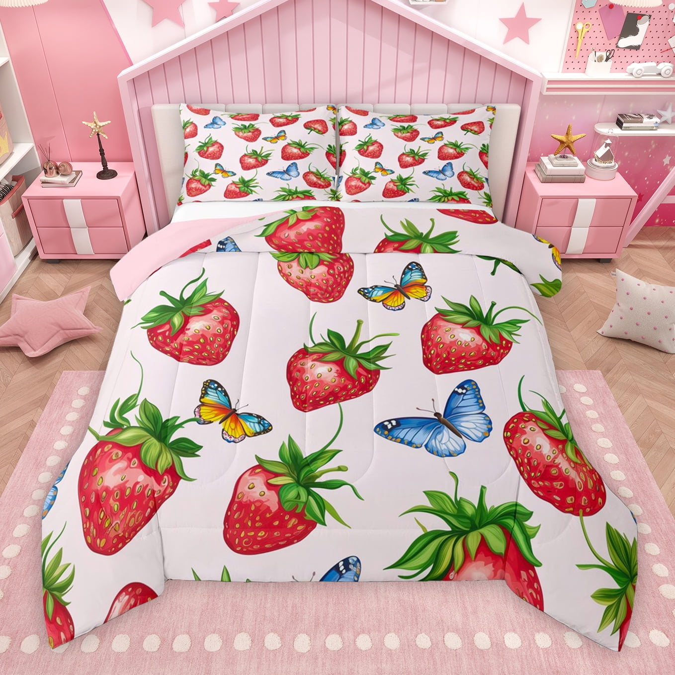 Manfei Red Strawberry Fruit Bedding Comforter Set for Kids, Kawaii ...