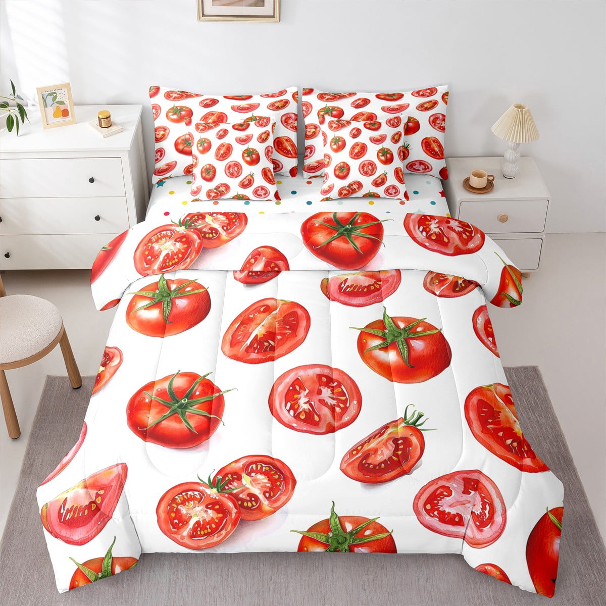 Manfei Red Tomato Fruit Bedding Comforter Set 7-Piece, Kawaii Cartoon ...
