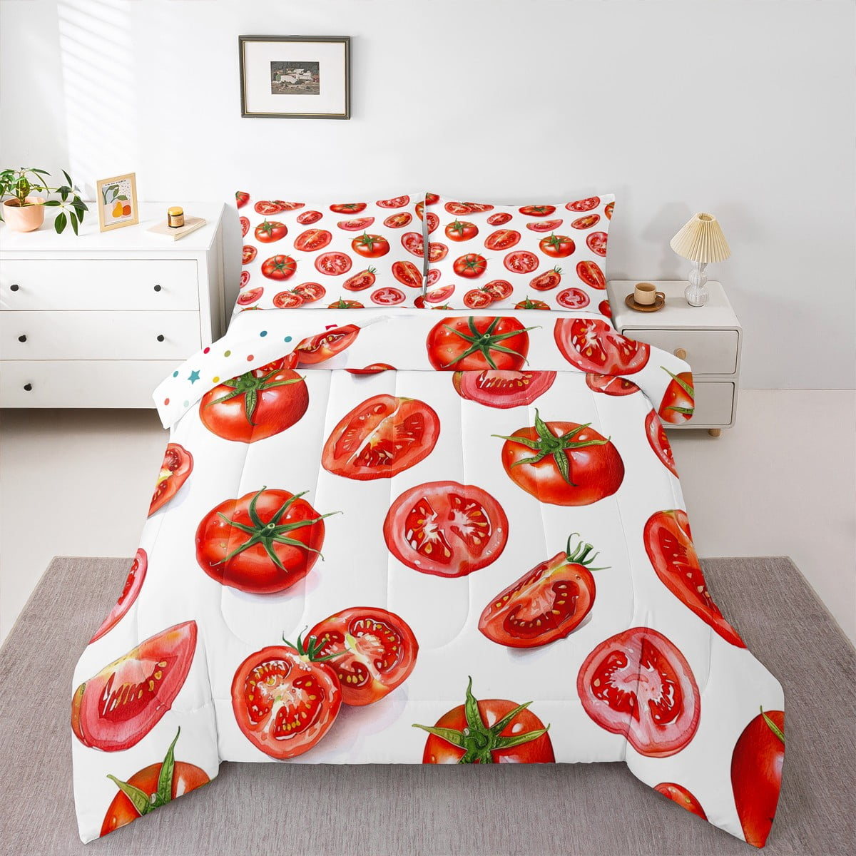 Manfei Red Tomato Fruit Bedding Comforter Set, Kawaii Cartoon Food Twin ...