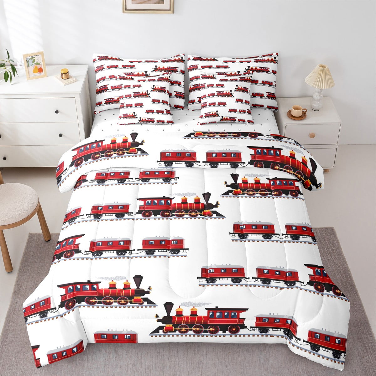 Manfei Red Train Bedding Comforter Set 7 Pieces for Kids Children,Steam ...