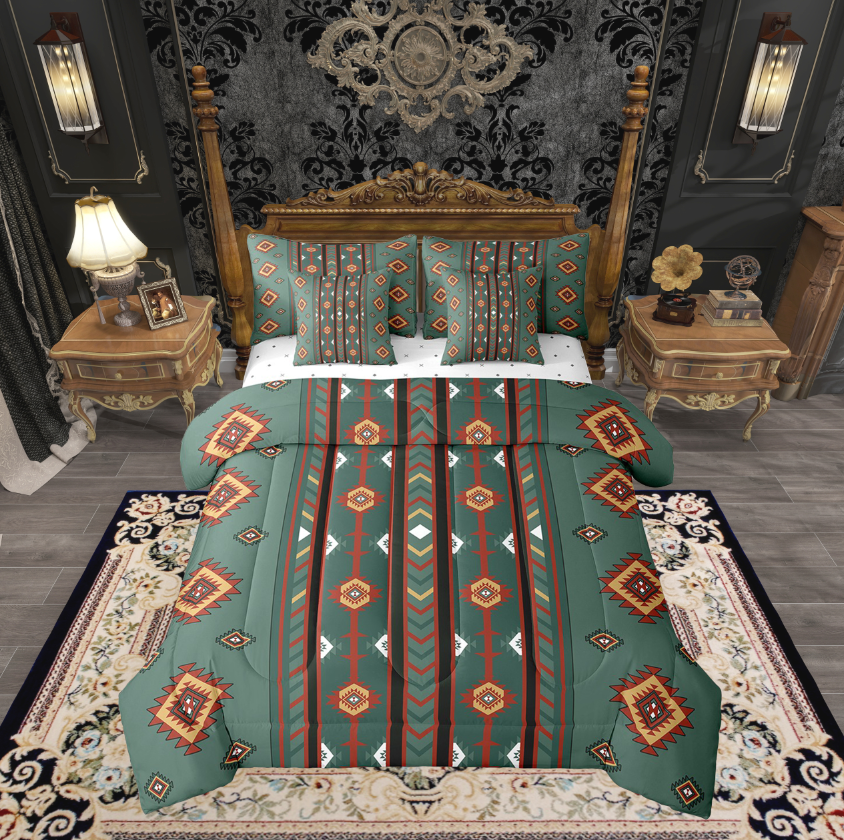 Manfei Red Tribal Geometric Bed in a Bag King Size,Rustic Boho Aztec ...