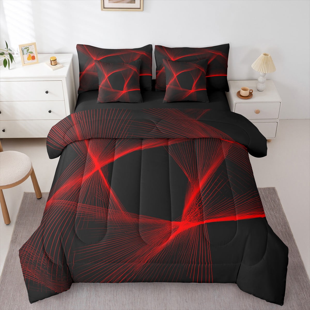 Manfei Red Wave Ribbon Twin Bedding Sets 7-Piece,Geometric Geometry ...