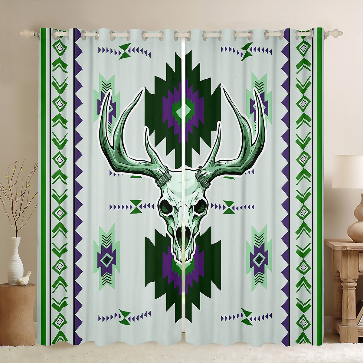 Manfei Reindeer Moose Skull Curtains and Drapes, Girls Green Aztec ...
