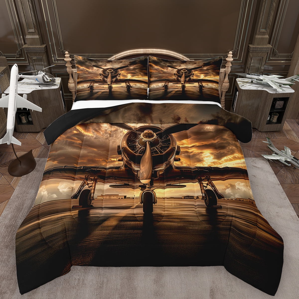 Manfei Retro Airplane Queen Comforter Set,Vintage Aircraft Bedding Sets ...