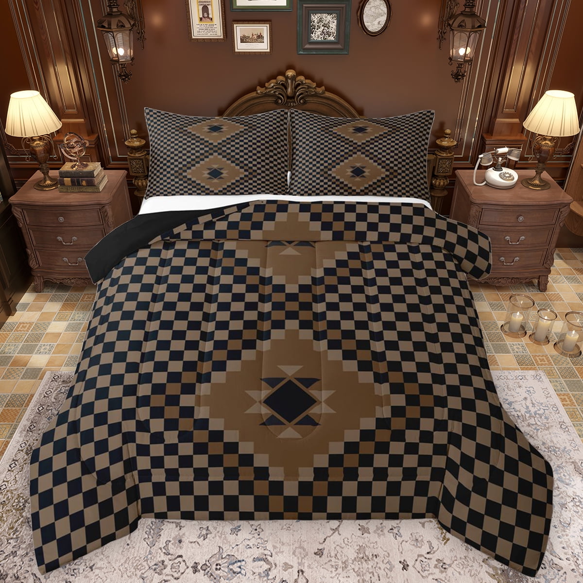 Manfei Retro Boho Aztec Queen Comforter Set,Classic Geometric Check ...
