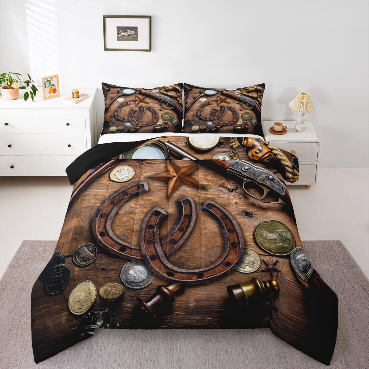 Manfei Retro Brown Horseshoe Bedding Comforter Set,Rustic Farmhouse ...
