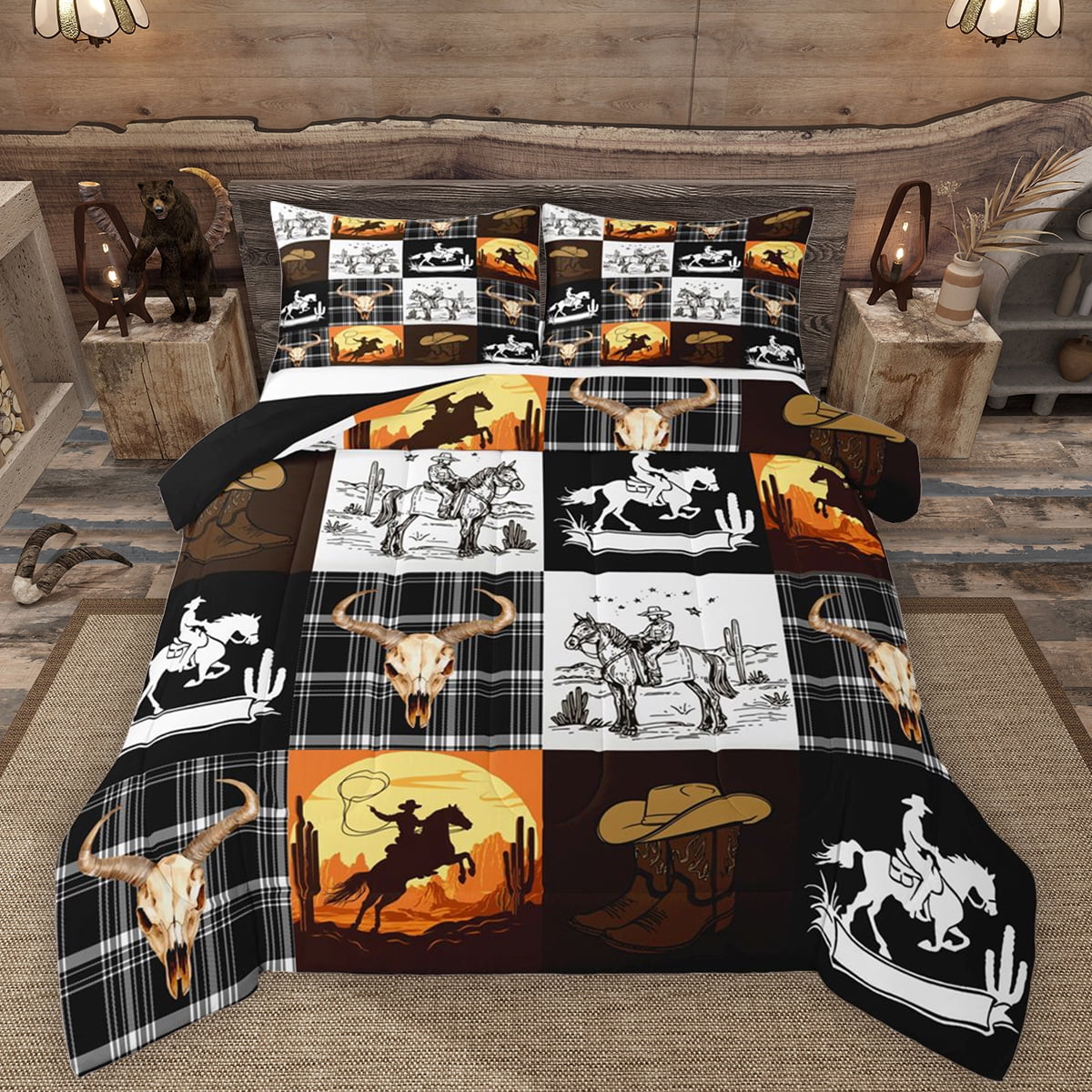 Manfei Retro Bull Skull Full Size Comforter Sets,Rustic Western Cowboy ...