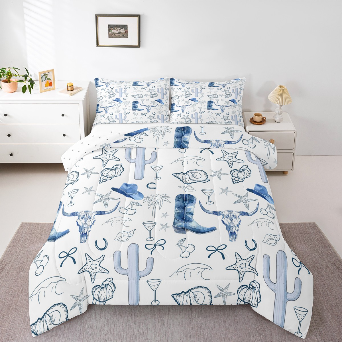 Manfei Retro Bull Skull Queen Comforter Set,Blue Cowgirl Boots Bedding ...