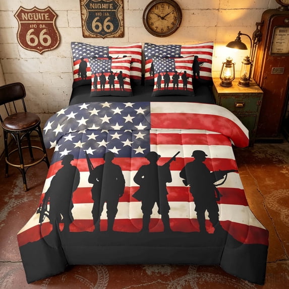 Manfei Retro Camo US Flag Queen Bedding, Patriotic Soldier Silhouette ...