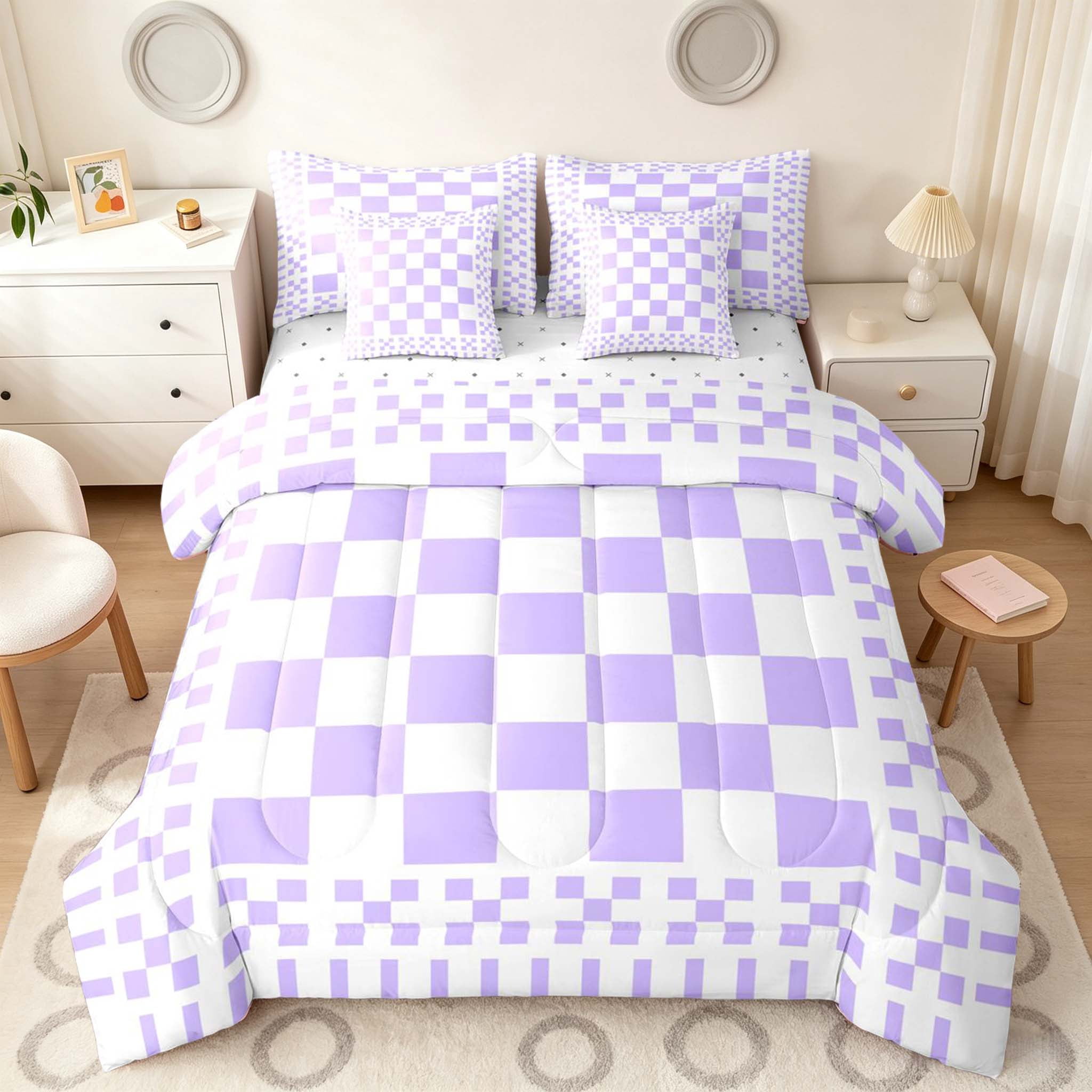 Manfei Retro Checkerboard King Bedding, Purple White Plaid King Bed in ...