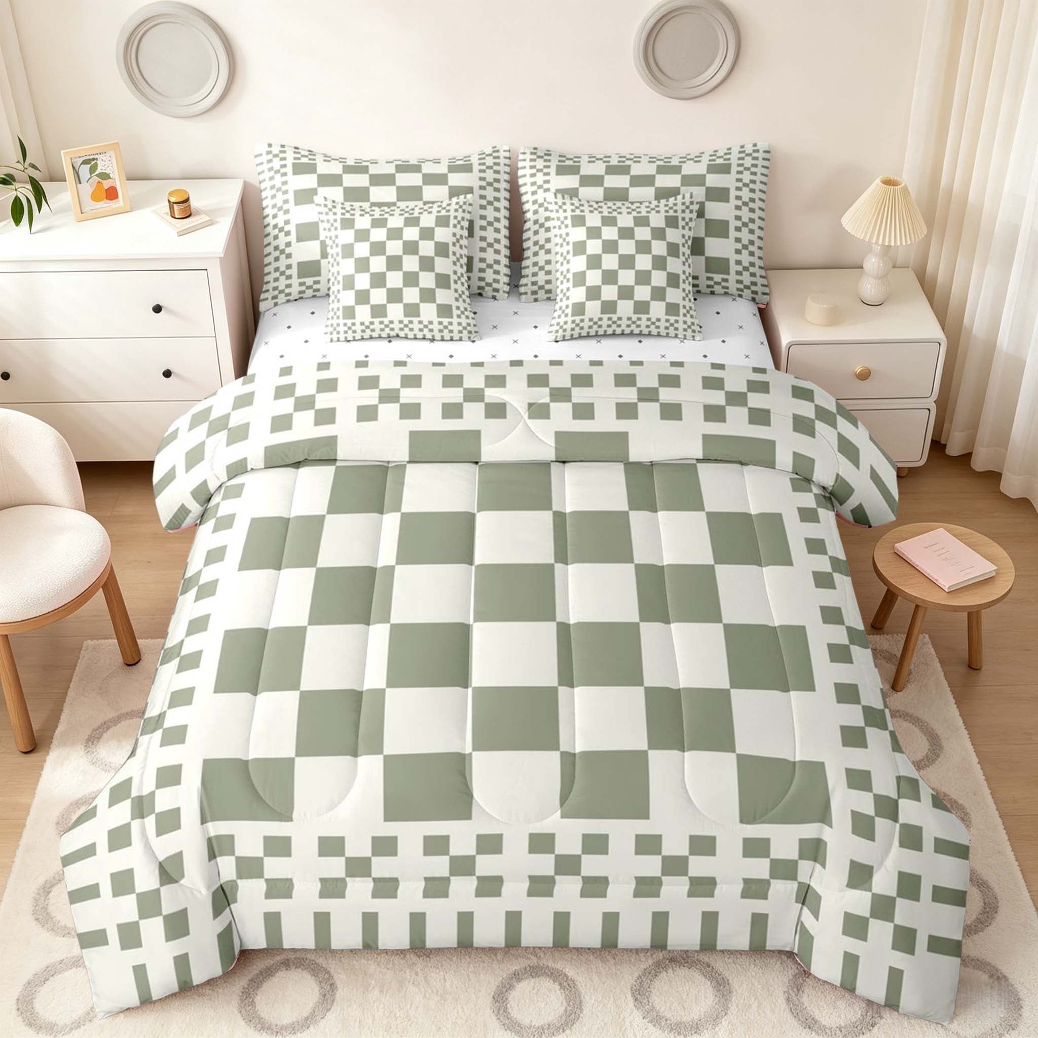 Manfei Retro Checkerboard King Bedding, Sage White Plaid King Bed in a ...