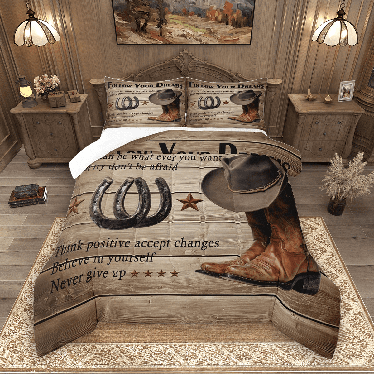 Manfei Retro Cowboy Bedding Comforter Set 2pcs, Hat Boots Horseshoes ...