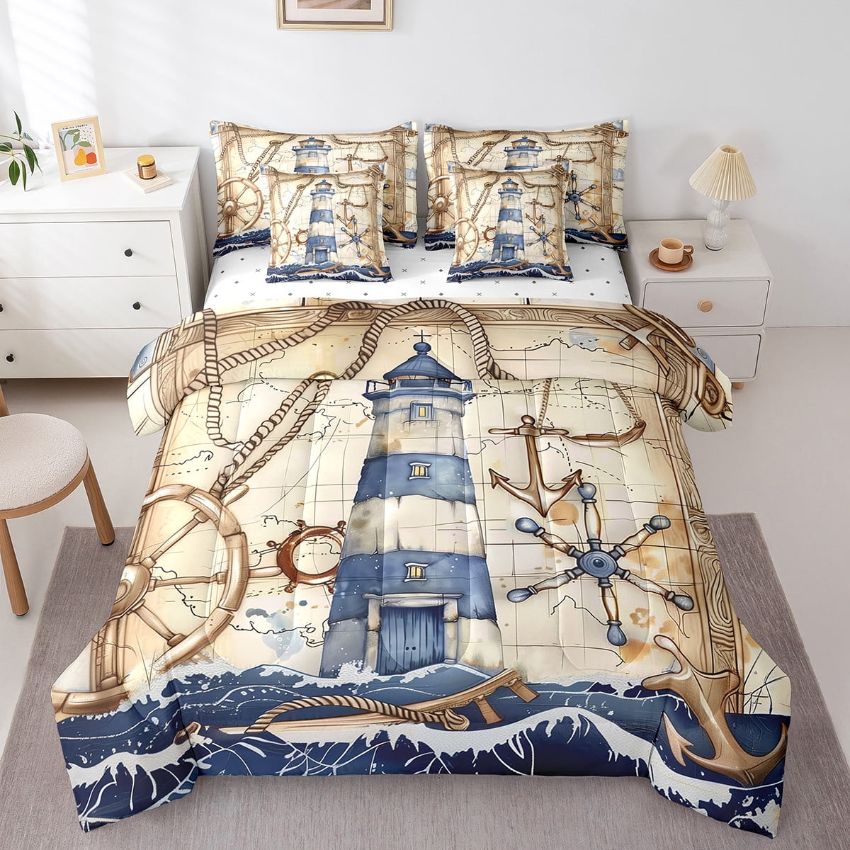 Manfei Retro Lighthouse Bedding Sets Twin Size,Rudder Ship Anchor ...