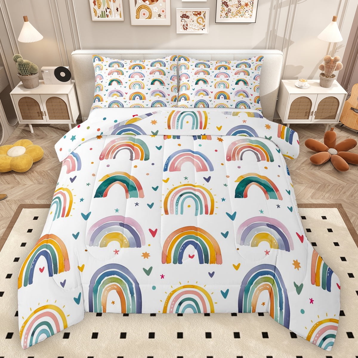 Manfei Retro Multicolor Rainbow Bedding Comforter Set,Boho Style Twin ...
