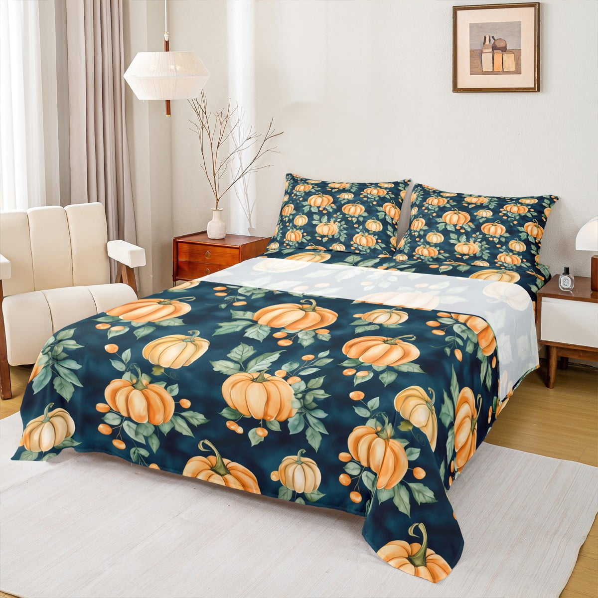Manfei Retro Pumpkin Sheet Set King, Fall Harvest Bed Sheets Set King ...