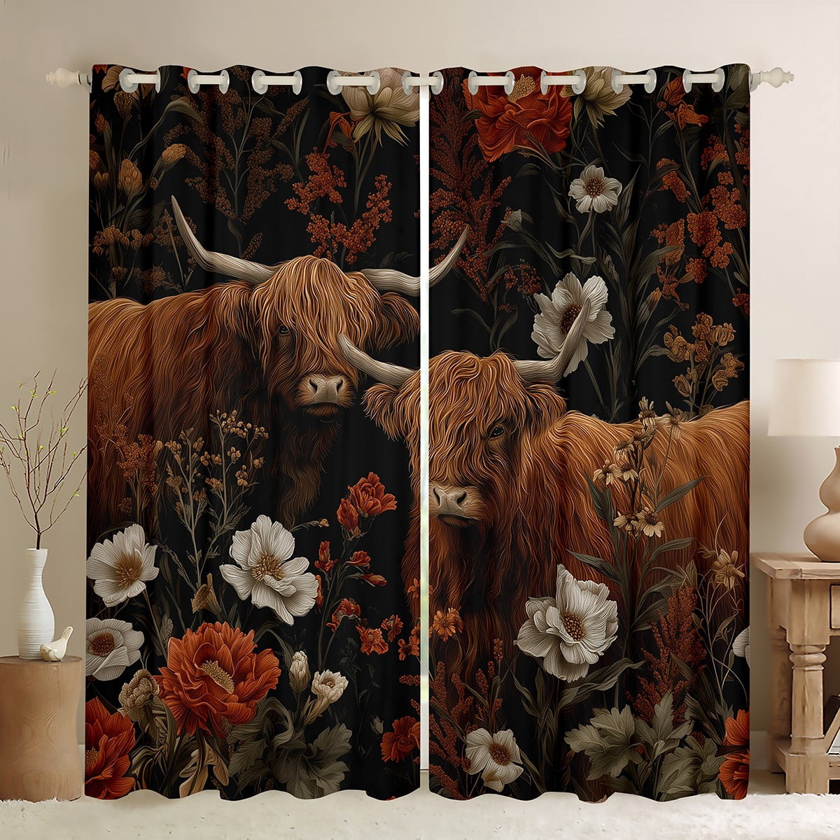Manfei Retro Rustic Flower Curtains Pack of 2 (42x84 Each),Brown ...