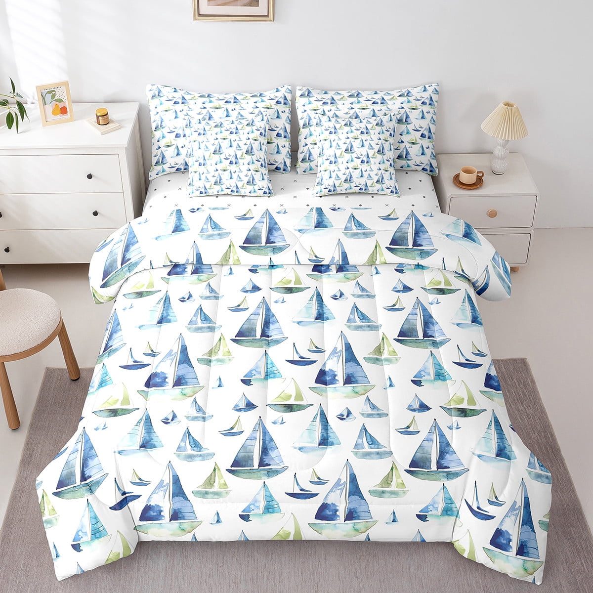 Manfei Retro Sailboat Bedding Comforter Set 7 Pieces,Ocean Sea Queen ...