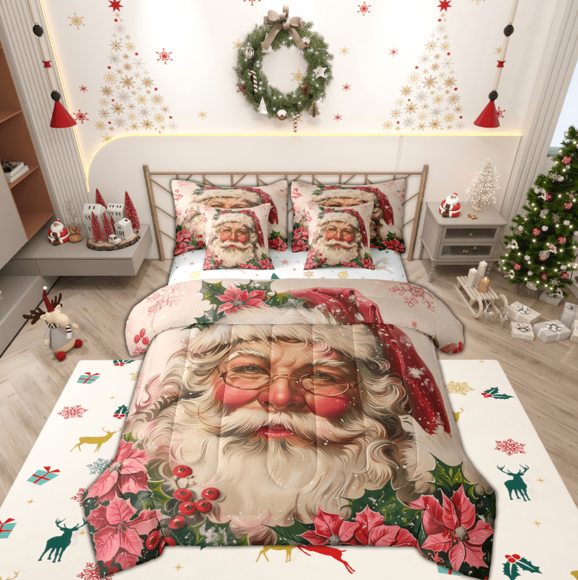 Manfei Retro Santa Claus 7pcs Bedding Comforter Set,Rustic Red Berry ...