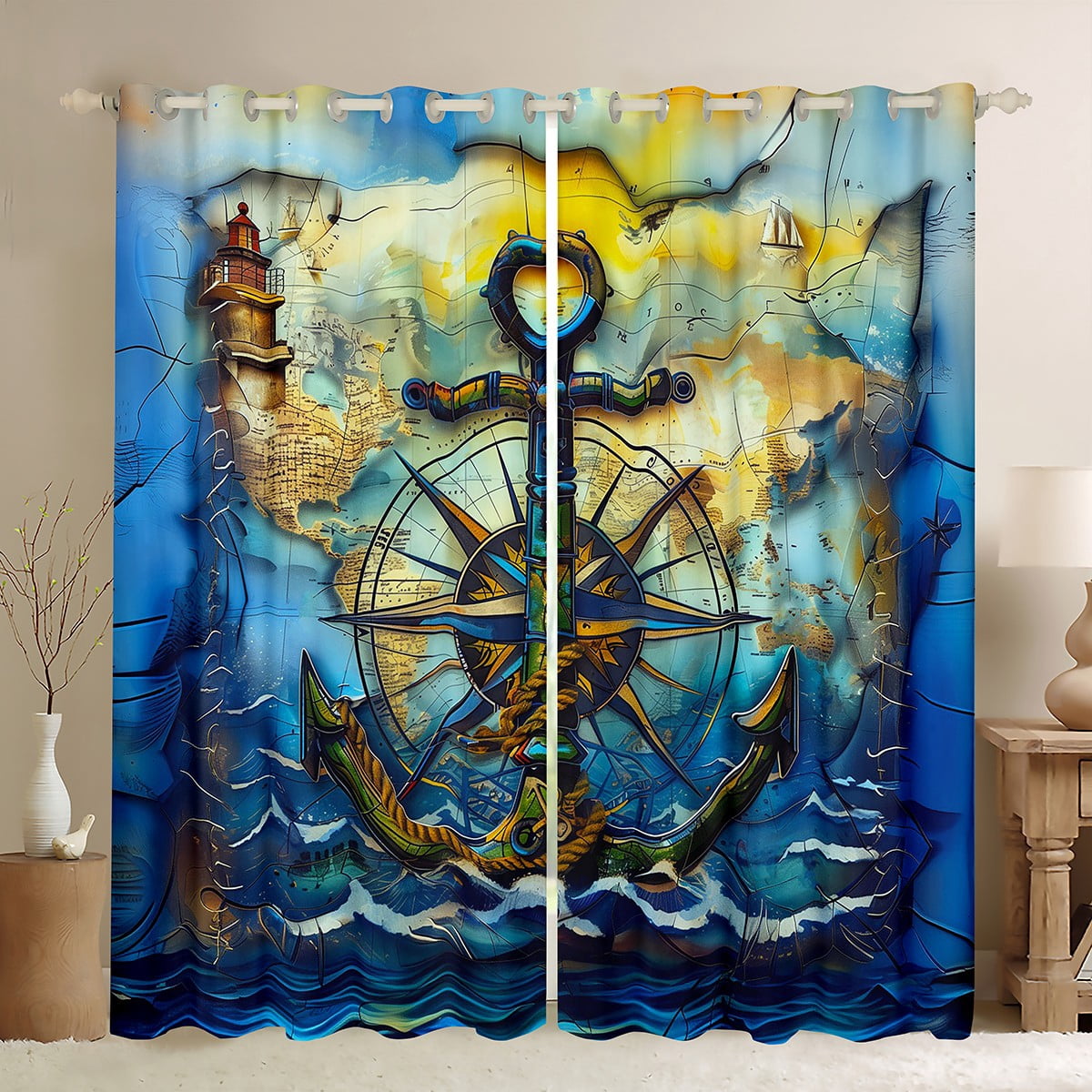 Manfei Retro Ship Anchor Blackout Curtains,World Map Curtains Pack of 2 ...