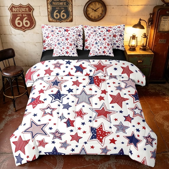 Manfei Retro Stars King Bedding, Stripe Dot King Bed in a Bag, Red ...
