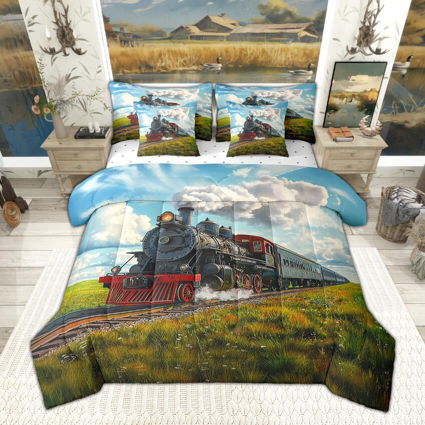Manfei Retro Steam Engine Bedding Comforter Set 7 Pieces, Train Railway ...