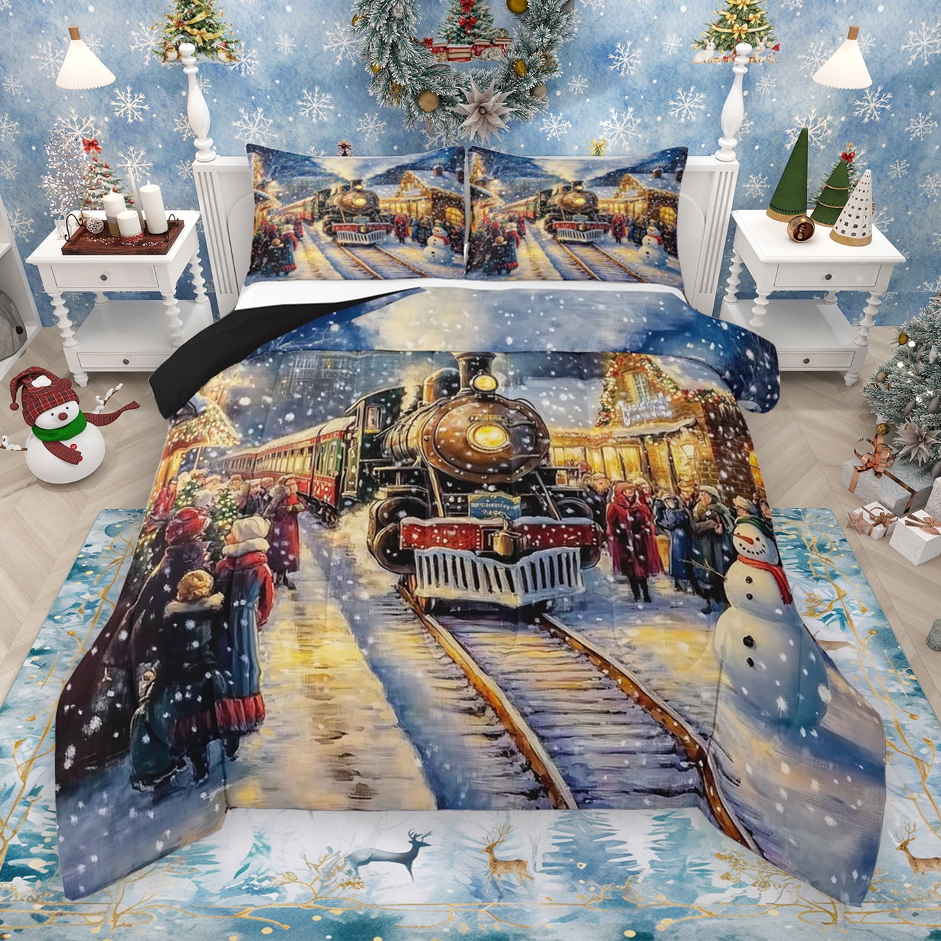 Manfei Retro Train Full Size Comforter Sets,Cute Cartoon Snowman ...