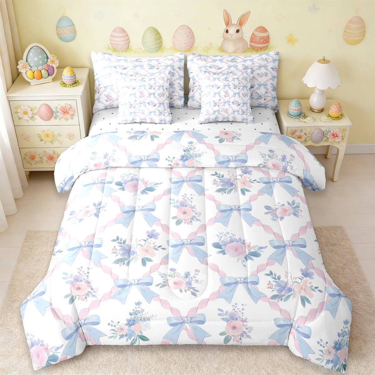Manfei Ribbon Bow Bowtie Bedding Comforter Set 7pcs,Romantic Flower ...