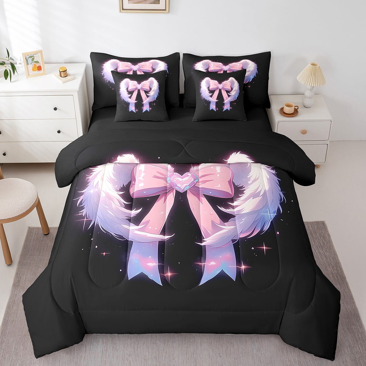 Manfei Ribbon Bow Tie Twin Bedding Sets 7pcs,Grid Bowknot Bedding ...