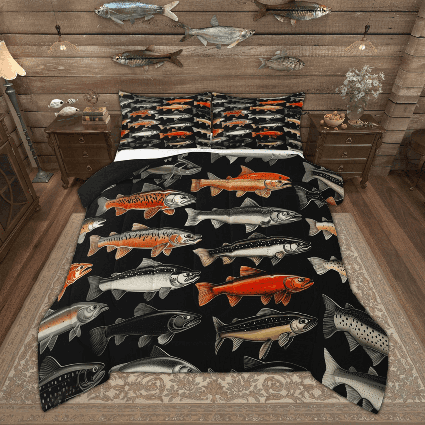 Manfei River Fish Full Size Comforter Sets, Rustic Lodge Cabin Bedding ...